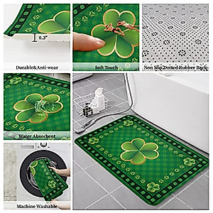 Front Door Mats Outdoor Indoor Kitchen Mat, Green Checked Clover on St. Patrick's Day Entrance Doormat Non-Slip Bathroom Rugs Washable Floor Mats for Sink/Porch, 18" x 30"
