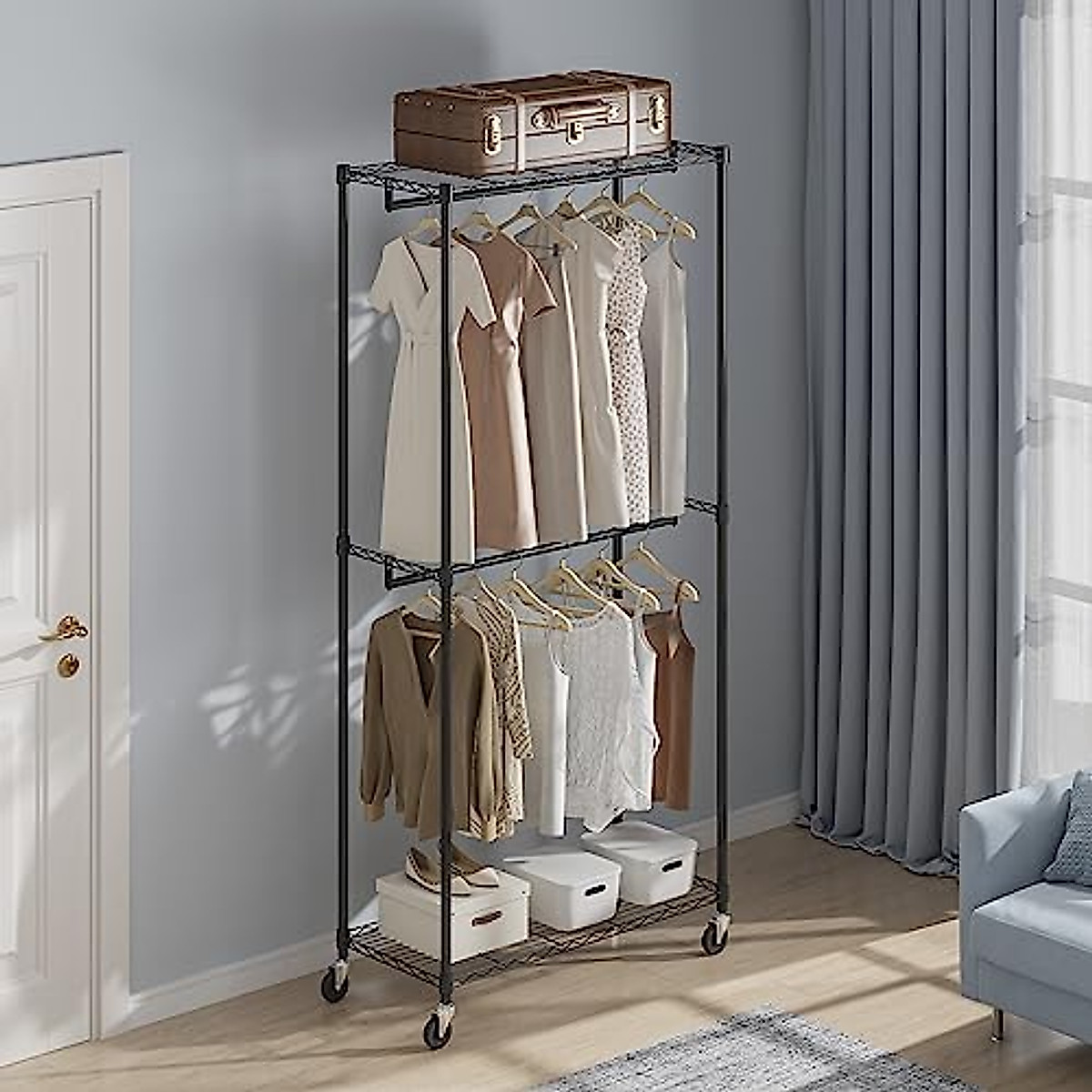 VEVOR Heavy Duty Clothes Rack, Double Hanging Rods Clothing Garment Rack with Bottom and Top Storage Tier, Rolling Clothing Rack for Hanging Clothes, 1'' Diameter Thicken Steel Tube Hold Up to 300Lbs