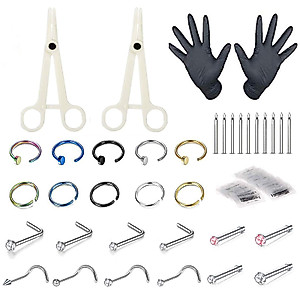 Jconly 46Pcs Ear Nose Lip Piercing Kit - 20G 18G Professional Colorful for 316L Steel Needles Clamps…
