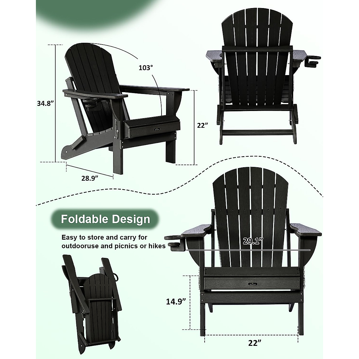 Withniture Folding Adirondack Chairs Set of 2, HDPE Adirondack Chair Wood Texture Plastic Adirondack Chairs with Cup Holder, Weather Resistant Fire Pit Chairs for Backyard Deck
