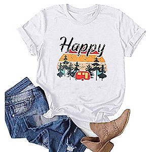 wodceeke Women's Landscape Print Loose T-shirt Short Sleeve Round Neck Basic Tee Summer Vacation Casual Blouse Tops (White, S)