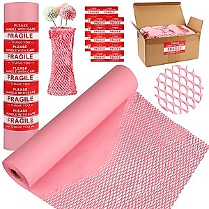 Honeycomb Packing Paper, 15" x 131'ft Honeycomb Cushioning Wrap Roll, Packing Paper Sheets for Moving Shipping with 20 Fragile Stickers, Recyclable Packing Wrap Honeycomb Paper Packing Supplies-Pink