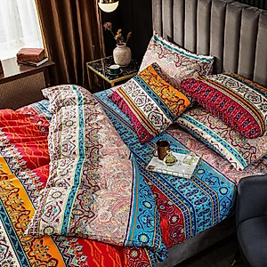 Elmiansly 3PCS Boho Style Floral Printed Duvet Cover Full Set, Exotic Indian Bedding Linen Set, Ultra Soft Comforter Cover Folk Quilt Cover 78 X 90 inches & 2 Pillow Shams for All Seasons