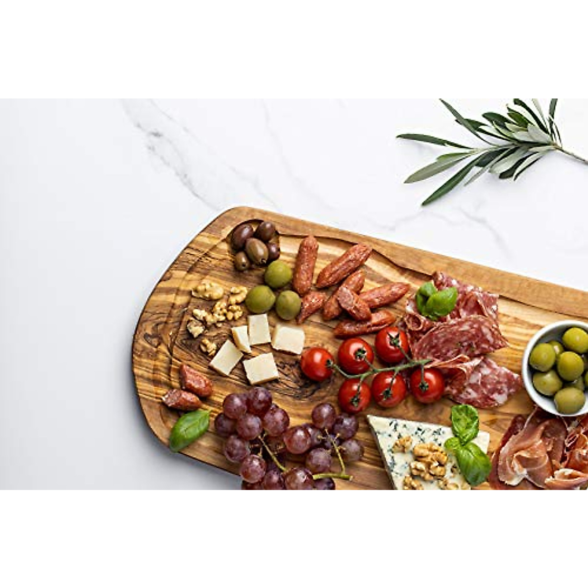 SOLTAKO Olive Wood Cutting Steak Board, Large Cheese Board, Hand Made Serving Platter, Wooden Charcuterie Board, Rustic Chopping Board with Juice Groove