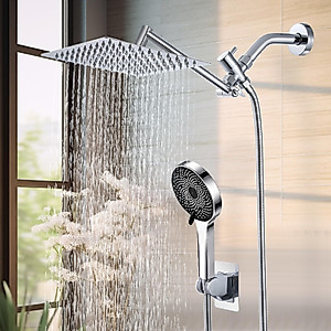 Shower Head,8”Rain Shower Head with Handheld Spray Combo with 11'' Angle Adjustable Extension Arm/Flow Regulator/Shower System,High Pressure Rainfall Shower Head Clean Bathroom, Silver