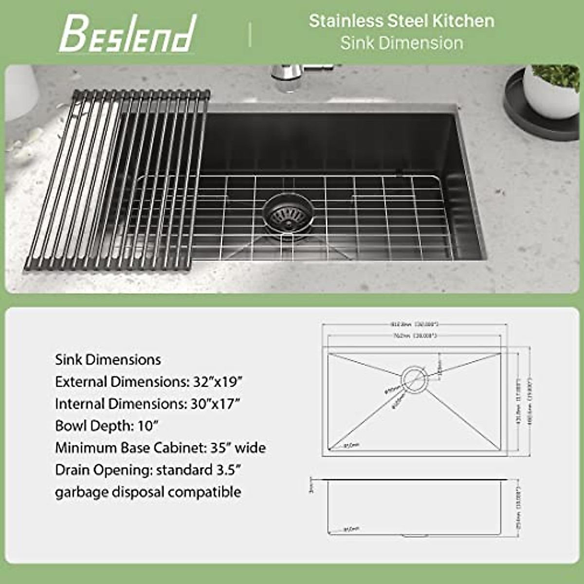 32 Inch Black Undermount Kitchen Sink - Beslend 32"x19"x10" Stainless Steel Gunmetal Black 16 Gauge 10 Inch Deep Single Bowl Basin