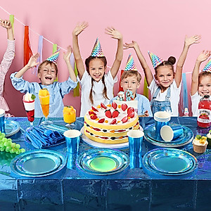 Iridescent Blue Party Supplies Decorations Serve 25, Holographic Blue Paper Plates and Napkins, Disposable Iridescent Party Plates Cups Napkins for Wedding Anniversary Birthday Bridal Shower Party