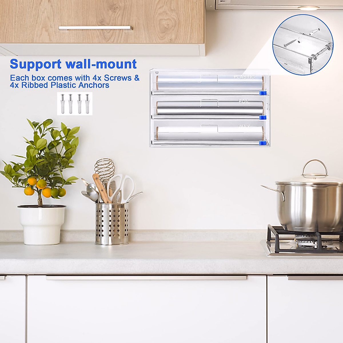 Foil and Plastic Wrap Organizer, 3 in 1 Kitchen Wrap Dispenser, Drawer Aluminum Foil Organization and Storage, Wall-Mounted Holder