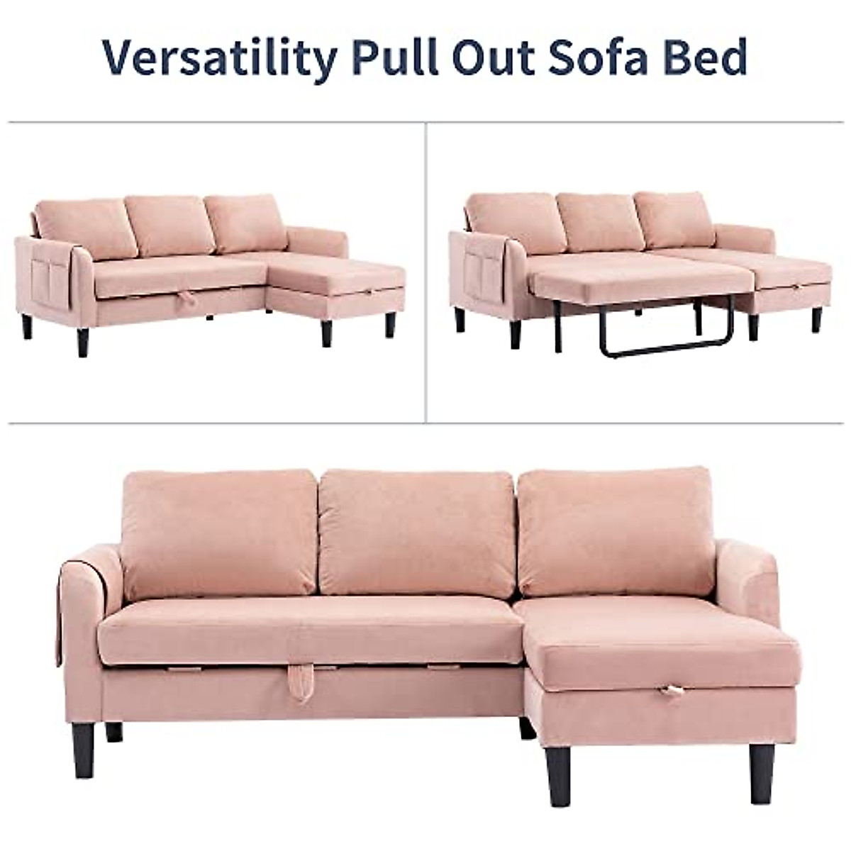 PEIHONGET Sleeper Sectional Sofa, 72.44" Velvet L-Shape 3 Seat with Pull Out Bed, Sectional Sofa Couch with Storage Chaise Living Room Bedroom Apartment(Pink)