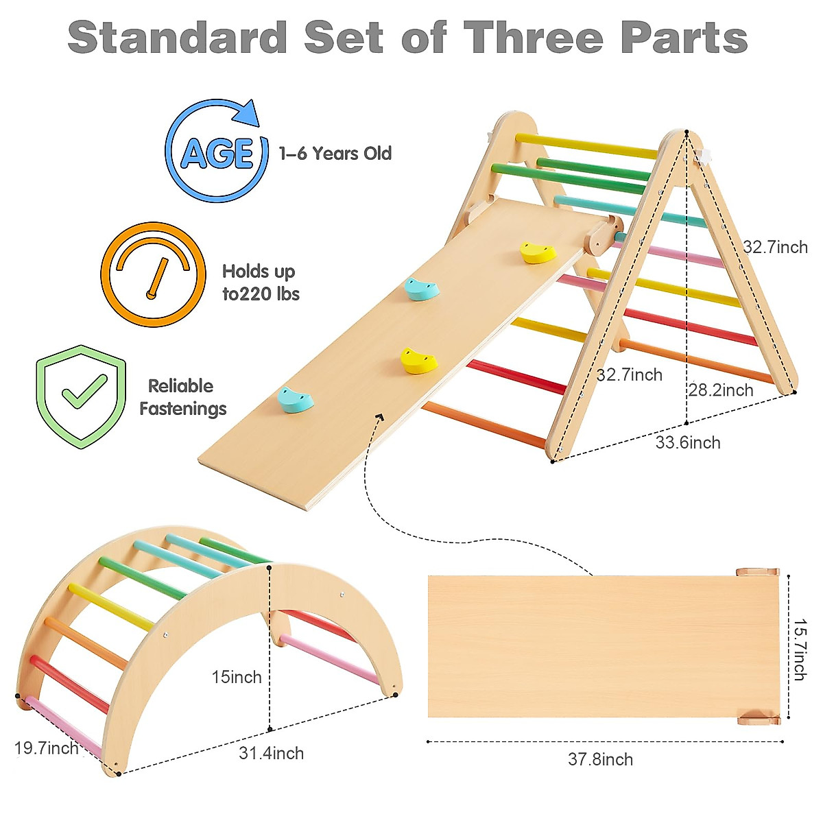Beright 4 in 1 Pikler Triangle Gym, Montessori Foldable Climber with Ramp, Indoor Climbing Toys for Kids, Climbing Triangle for Toddlers Arch Climber, Rocker, Learning Waldorf Children Toy, Rainbow