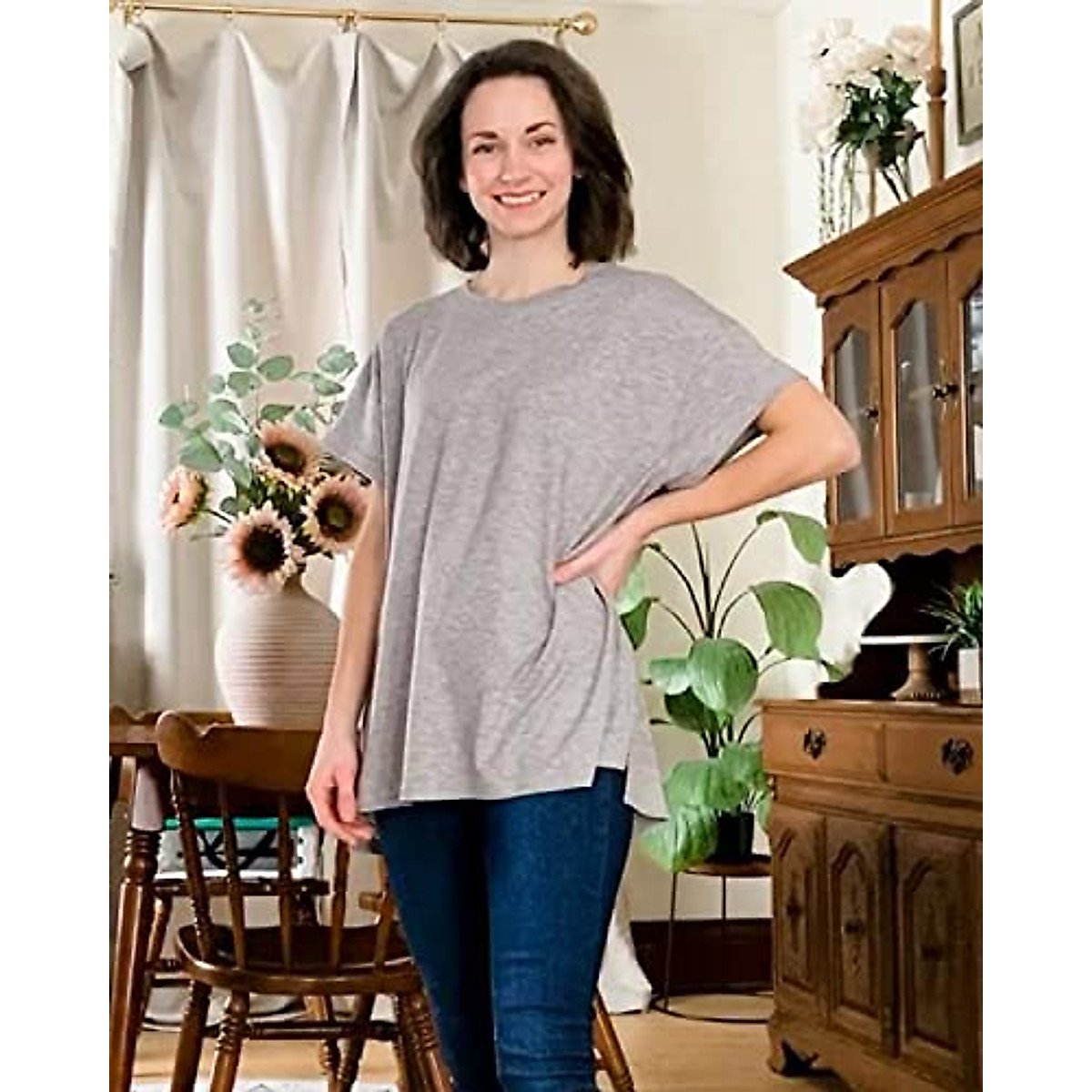Bosmeer Womens Summer Tops Oversized Short Sleeve Tshirts Dressy Casual Light Grey Large