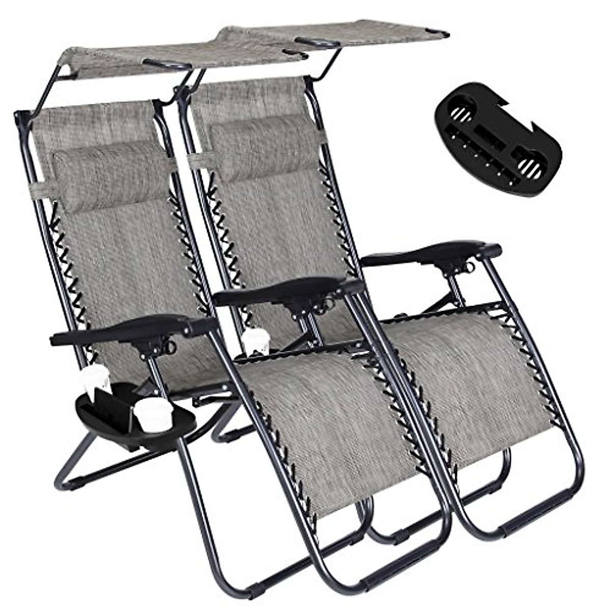 Super Decor Set of 2 Zero Gravity Outdoor Lounge Chairs w/Sunshade + Cup Holder with Mobile Device Slot Adjustable Folding Patio Reclining Chairs W/Canopy+ Snack Tray (Grey)