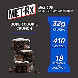MET-Rx Big 100 Protein Bar, Meal Replacement Bar, 32G Protein, Super Cookie Crunch, 9 Bars (Pack of 1)