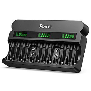 POWXS Rechargeable AA AAA 9V Battery Charger with 1800mA High-Speed, 12 Bay Independent Battery Charger for 1.2V Ni-MH Ni-CD AA AAA 9V Rechargeable Batteries and 9V Lithium ion(Include AC Cable)