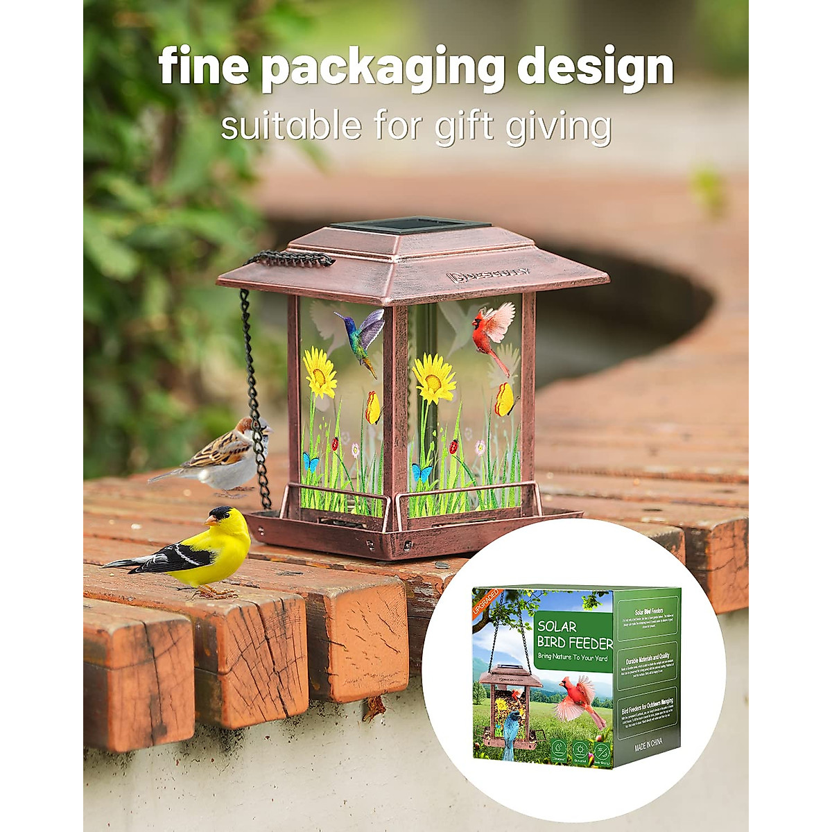 DesGully Bird Feeders for Outdoors Hanging - 2.5 LBs Wild Birds Metal Solar Bird Feeder for Outside Gift Ideas for Bird Lovers Garden Yard Bird Seeds (Chew-Proof,Weather Resistance)