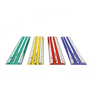 6 inch Rulers | 15 cm Rulers | Transparent Plastic Ruler | Pack of 12 of Premium Quality Rulers | Yellow, Green, Red and Blue