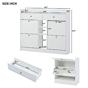 JUOFONE Modern Shoe Storage Cabinet with 4 Flip Drawers & Locker, Wood Shoe Organizer, Multifunctional Shoe Storage Organizer with Drawers, Free Standing Shoe Rack for Entrance Hallway (White)