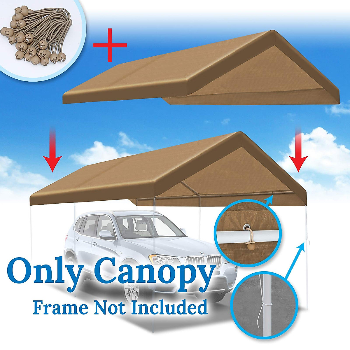 BenefitUSA Canopy ONLY 10'x20' Carport Replacement Canopy Outdoor Tent Garage Top Tarp Shelter Cover w Ball Bungees (Tan)