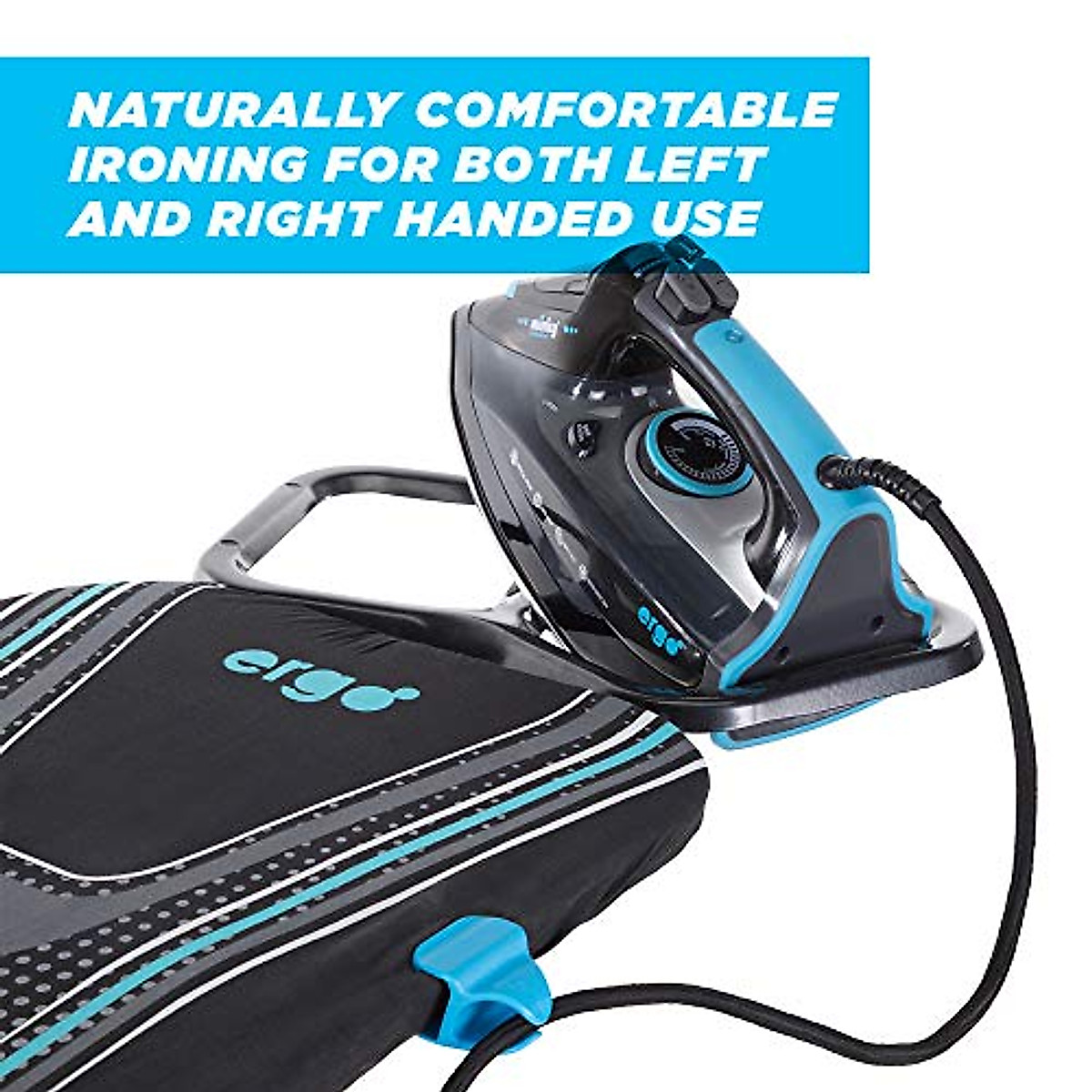 Minky Ergo Prozone Ironing Board | Made in UK | Dual Iron Rest, Heat Reflective Cover, Thick Felt Underlay - Freestanding Ironing Board with Large 48" x 15" Ironing Surface (Gunmetal and Blue)