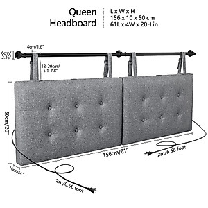 HAUSOURCE Wall Mount Headboard with USB Port for Queen Size Bed Only, Headboards with Adjustable Fabric Straps, Hanging Linen Fabric Padded Headboard for Bedroom