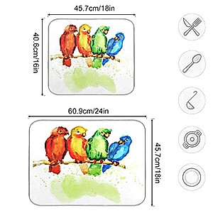 Watercolour Parrot Bird Tree Dish Drying Mat 24"x18" Absorbent Machine Washable Hanging Fast Dry Pad Dish Protective Mat for Kitchen Countertop Heat Resistant Dinner Table Mat