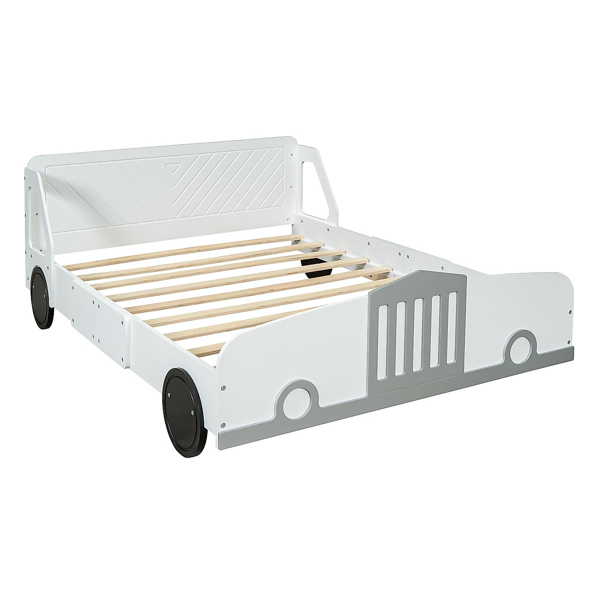 MiHunnor Kids Race Car Bed, Full Size Car-Shaped Platform Bed with Wheels, Wooden Low Platform Bed with Sturdy Slat Support for Boys Girls, No Box Spring Needed (White-002)