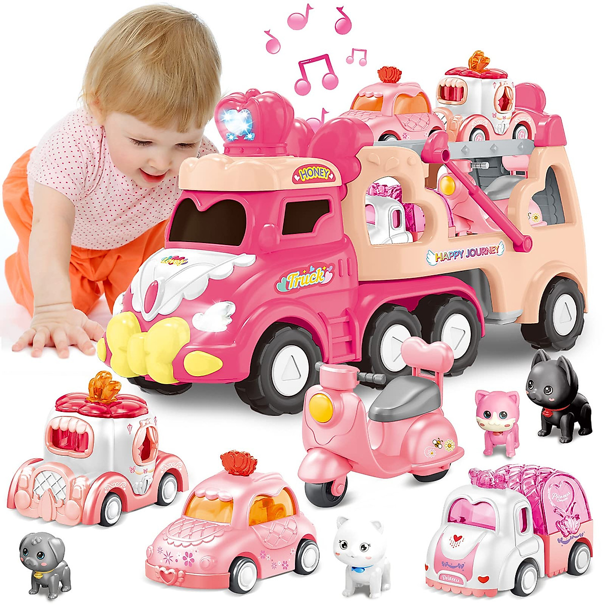 seveclotree 9 in 1 Carrier Truck Cars Toys for Girls Toddlers,Pink Princess Girl Car with Light and Sound,Toddler Girl Toys Age 1-2 2-4,Toys for 1 2 3 Year Old Girls Birthday for Baby Girl…