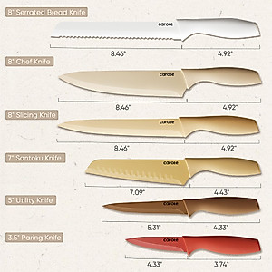 CAROTE 12 Pieces Kitchen Knife Set, Stainless Steel Knife Set With Nonstick Creamic Coating,Dishwasher Safe with 6 Blade Guards, Rustproof, Brown