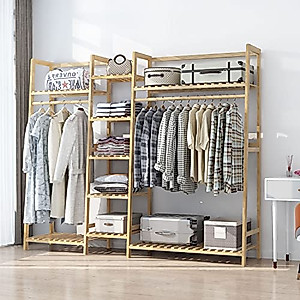 Mostmahes Strong Solid Wood Clothing Garment Rack, Double Rod Hanging Clothes Rack Heavy Duty, Free-Standing Multifunctional Clothing Rack with 10 Pack Hangers (9-Tier)