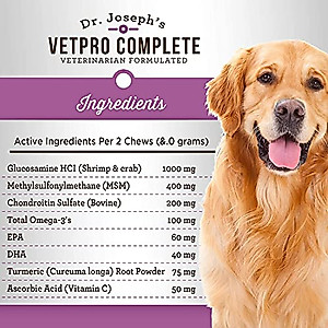 VetPro Dog Hip and Joint Supplement - Pain and Inflammation Relief Chews with Glucosamine, Chondroitin, MSM, Turmeric, Vitamin C, Omega 3 - Treats Hip Dysplasia, Arthritis - Dogs Chewable Supplements