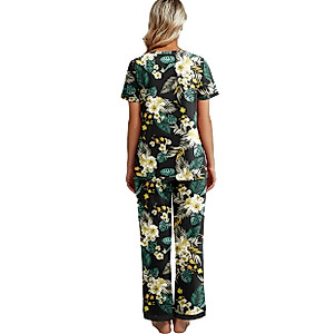 PrinStory Womens Pajama Sets 2025 Short Sleeve Pajama Sets for Women 2 Piece Lounge Set Ladies Soft Pjs FP-Green Leaf Lily-L
