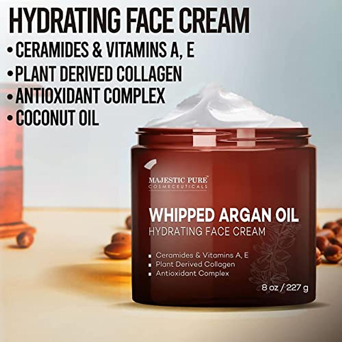 MAJESTIC PURE Whipped Argan Oil Moisturizer Face Cream for Women & Men - With Vitamin E A, Collagen & Ceramides - Hydrates Dry Skin, Oily Skin, Reduces Appearance of Fine Lines – 8oz