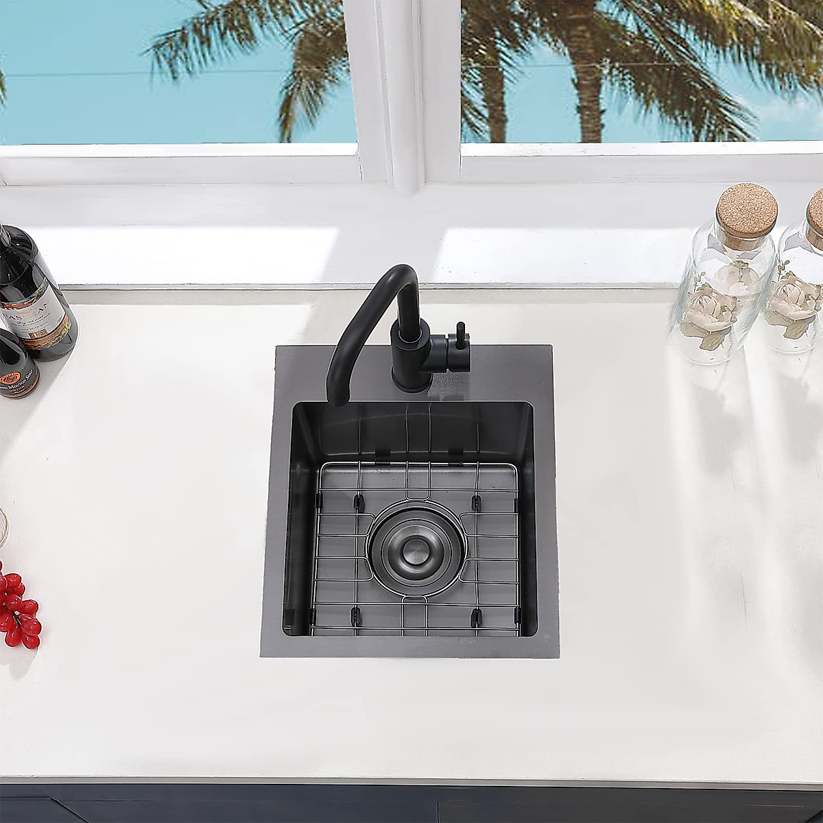 VCCUCINE Black Bar Sink Drop in, 13 x 15 Inch Topmount RV Small Kitchen Sink, Handmade Stainless Steel Wet Bar Sink, Outdoor Single Bowl Prep Sink with Dish Grid & Drain