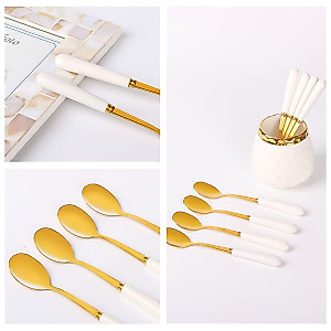 Fvstar Coffee Spoons Set,Dessert Spoons Set with Holder,Ceramic Jar with 8 Spoons,Ceramic and Metal Flatware Set,Creative Tea Spoon Set for Coffee,Dessert,Party (White- 8pcs Spoons)