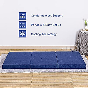 JINGWEI Folding Mattress, Tri-fold Memory Foam Mattres Topper with Washable Cover, 3-Inch, Full Size,Play Mat, Foldable bed, Guest beds, Camp Portable bed, Blue, 52"*73"*3"