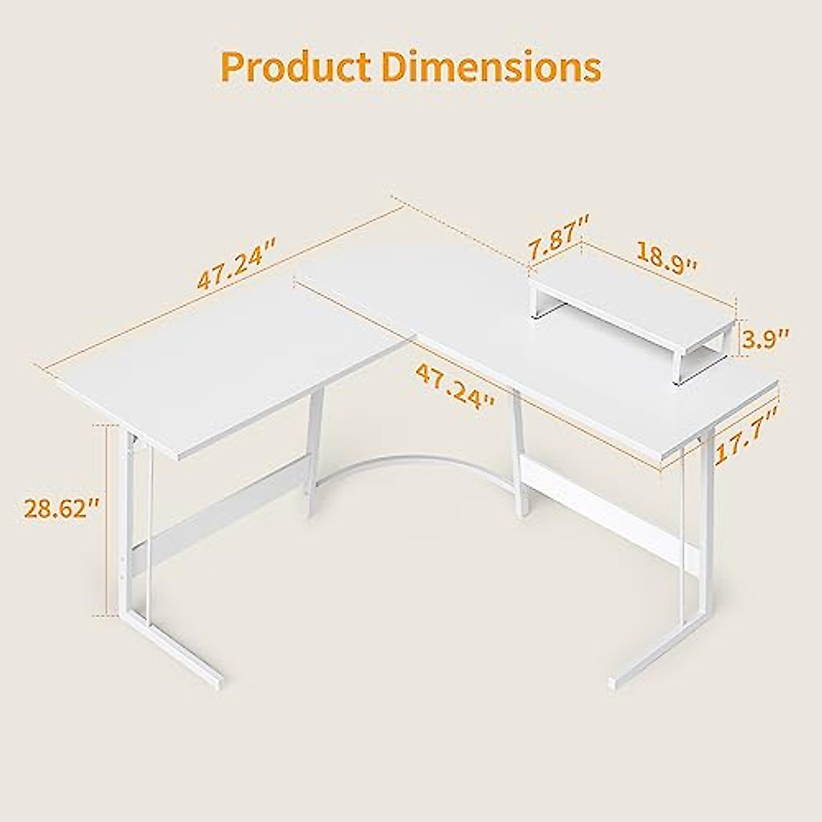 BANTI L Shaped Gaming Desk Computer Office Desk, 47 inch Corner Desk with Large Monitor Stand for Home Office Study Writing Workstation, White