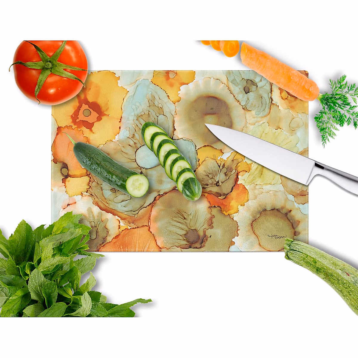 Caroline's Treasures 8969LCB Abstract Flowers Teal and Orange Glass Cutting Board Large Decorative Tempered Glass Kitchen Cutting and Serving Board Large Size Chopping Board