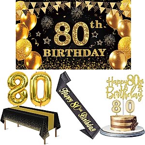 80th Birthday Decorations Men Women with 80th Birthday Banner, Black and Gold Table Cloth, 80 Number Balloons, 80th Birthday Sash, 80th Birthday Cake Topper and 80th Birthday Candles