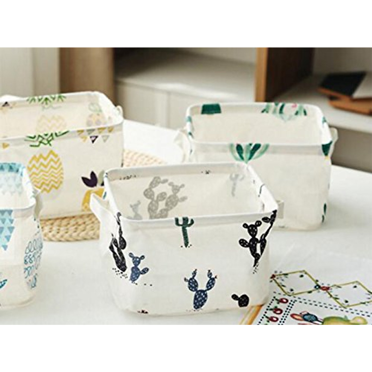 KRLIFCSL Storage Bins Foldable Cactus Storage Basket for Nursery, Kids Toys, Makeup, Small Items, Desktop Organization, Set of 4 (Cream)