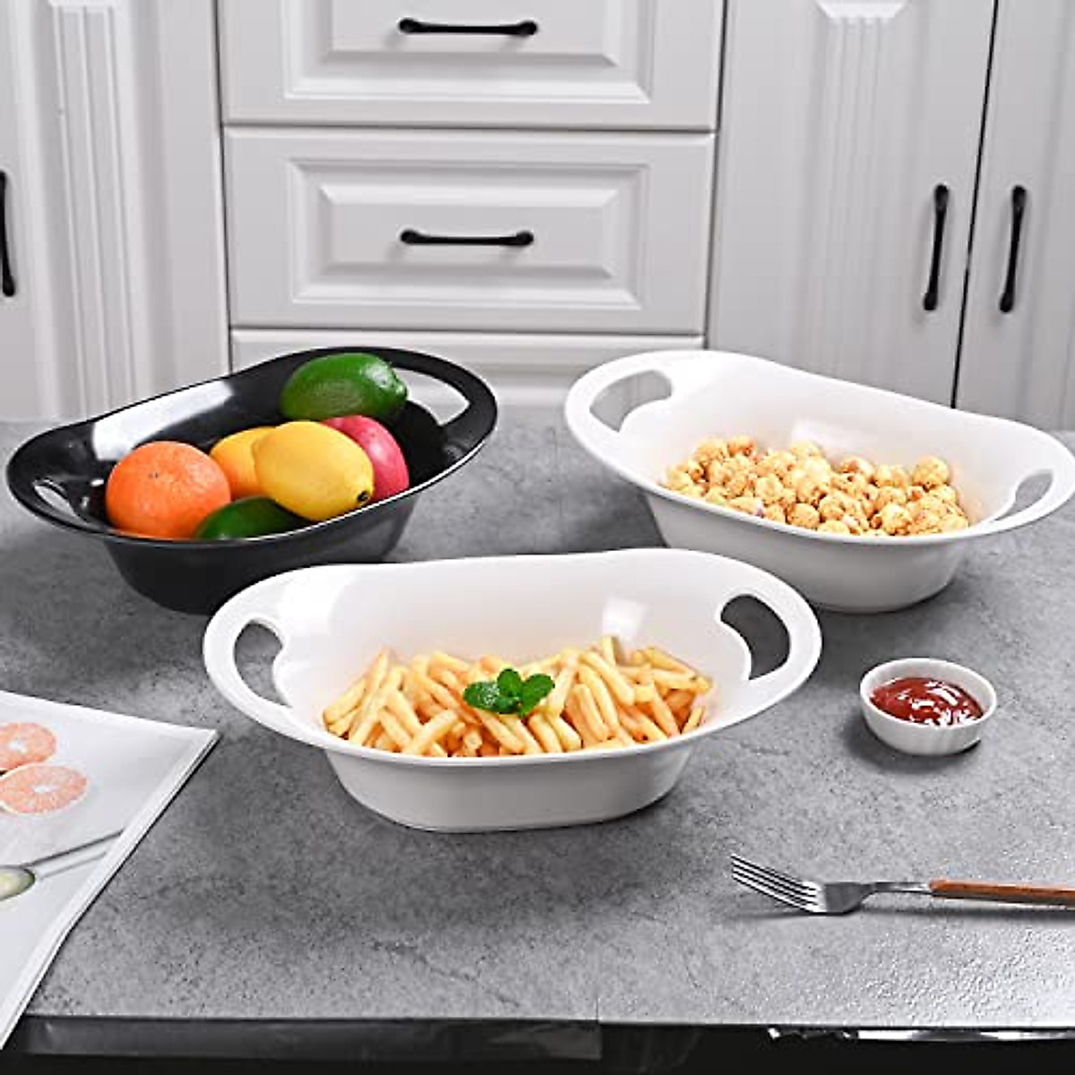 XUEJUN Black Serving Bowls, 12" Large Serving Bowl with Handles Set, Bamboo Fiber Serving Dishes, Oval Serving Platter 1.3 Quarts Set of 2, BPA-free, Reusable, Dishwasher Safe