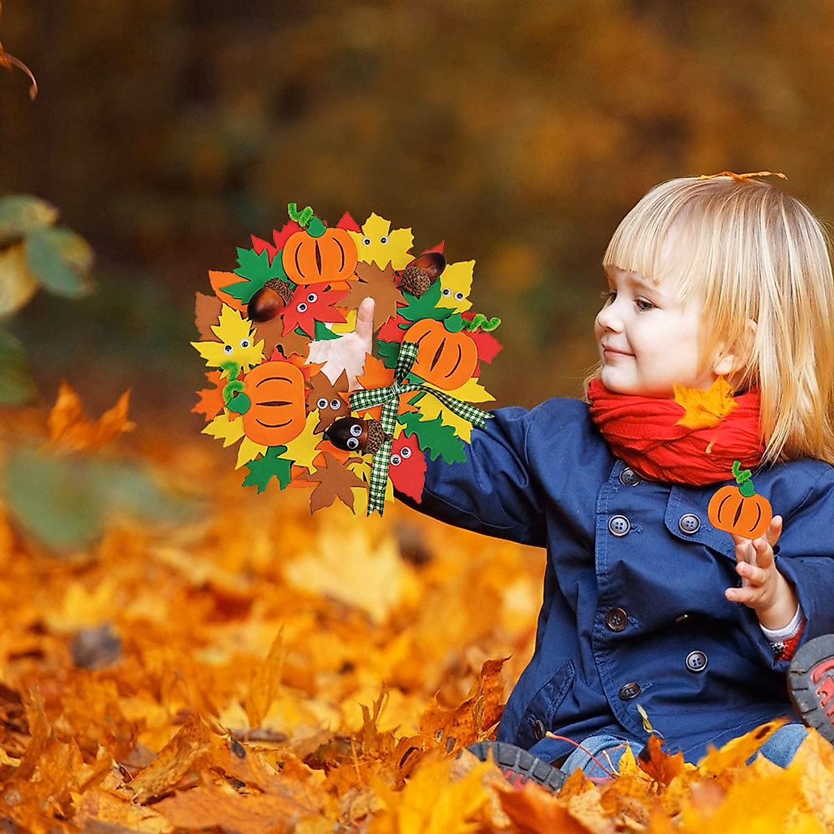 Supla 12 Kits 3D Pumpkin Fall Leaf Wreath Craft Kit DIY Thanksgiving Wreath with Maple Leaves Acorns Bows Wiggle Eyes for Kids Crafts Fall Thanksgiving Halloween Seasonal Decoration