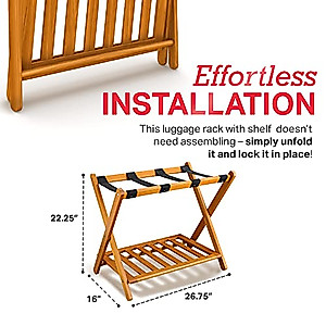 Stony Edge Folding Luggage Rack | Honey Oak Wood Finish, 27x16x22 Inches | Perfect for guest room with Extra Shelf Storage | Suitable for Luggage, Suitcase and Shoes
