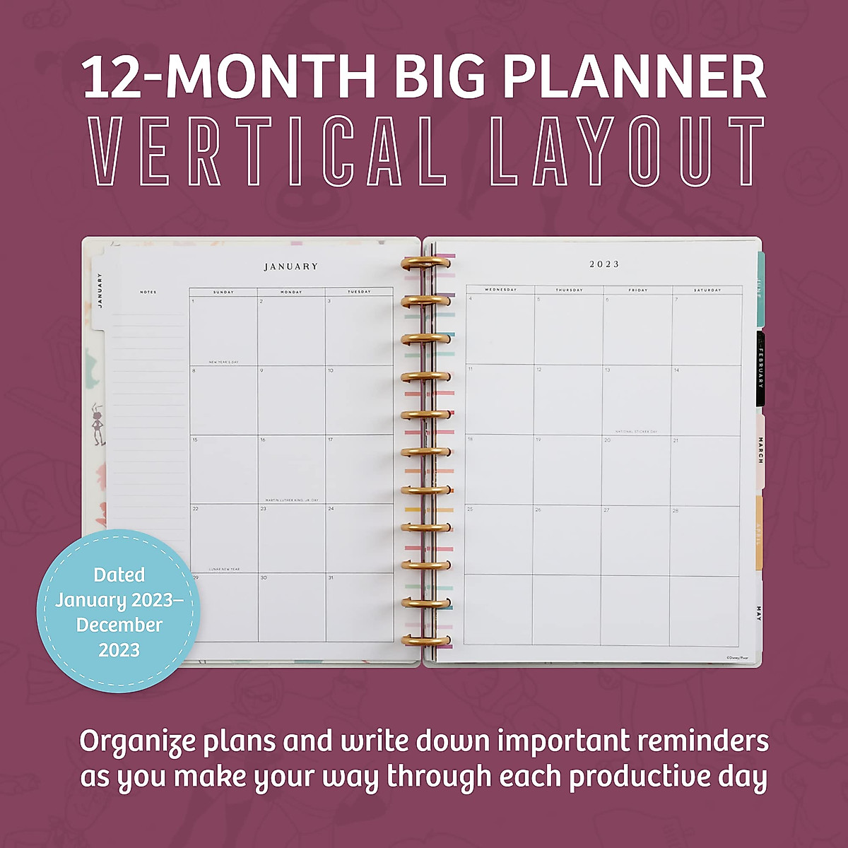 Happy Planner Disney Pixar 2023 Daily Planner for Jan. 2023–Dec. 2023, 12-Month Daily, Weekly, and Monthly Planner, Bright Year Vertical Layout, Big Size, 11 Inches by 8 1/2 Inches