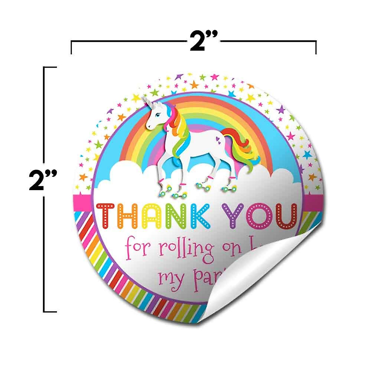 Rainbow Unicorn Roller Skating Themed Thank You Sticker Labels for Kids, 40 2" Party Circle Stickers by AmandaCreation, Great for Party Favors, Envelope Seals & Goodie Bags