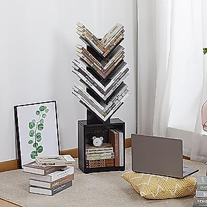 ruboka 5-Shelf Tree Bookshelf with Storage, 37.9-Inch Retro Floor Standing Bookcase Display for CDs/Magazine/Books, Small Bookshelf for Bedroom, Living Room, Office, Black Storage Shelves DESK56B