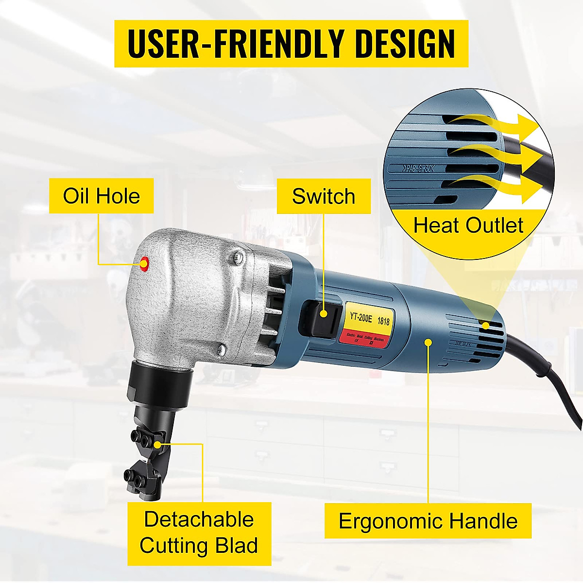 VEVOR Electric Metal Nibbler 380W Nibbler Metal Cutter 1800RPM High Speed Rotor 0.07in/1.8mm Thickness Metal Nibbler 220V w Replaced Blades Storage Case for Cutting Stainless Steel, Aluminium, Plastic