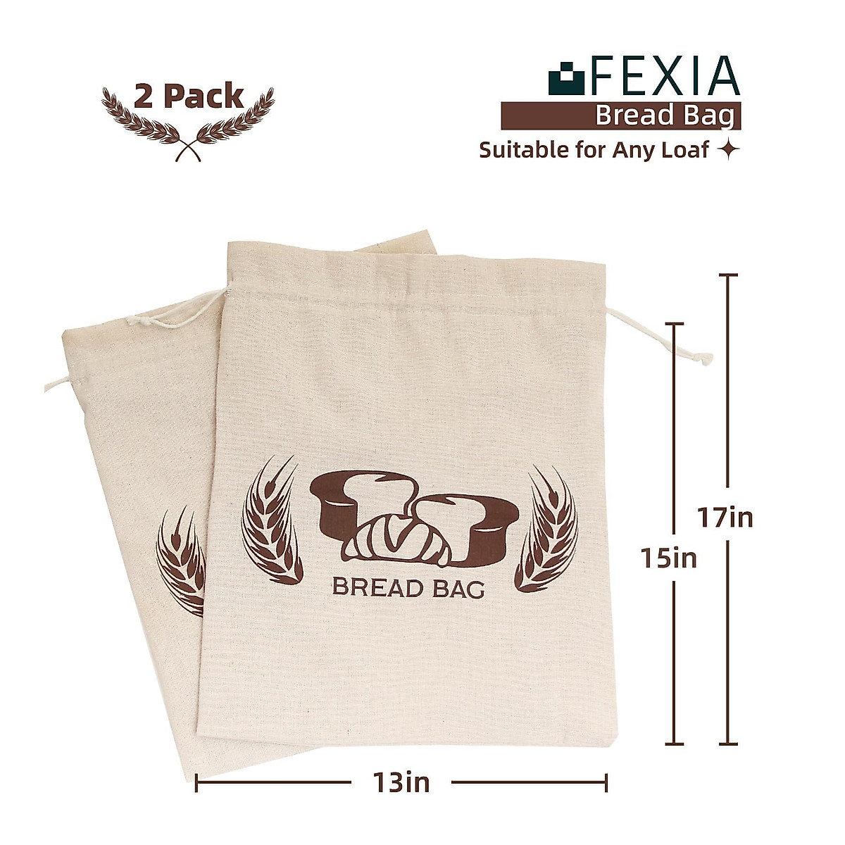 FEXIA 2 Pack Bread Bags for Homemade Bread Sourdough Organic Linen Sourdough Bread Bags 17" x 13" XL Reusable Linen Bread Bags Sourdough Bread Baking Supplies Bread Storage Housewarming Gift