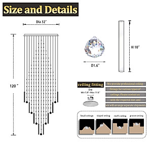 Flashing God D32''X H120'' High Ceiling Chandelier Crystal Raindrop Chandeliers Staircase Large Chandelier Villa Entrance Foyer Ceiling Light High Ceiling Pendant Light Fixture,12 Bulbs Include