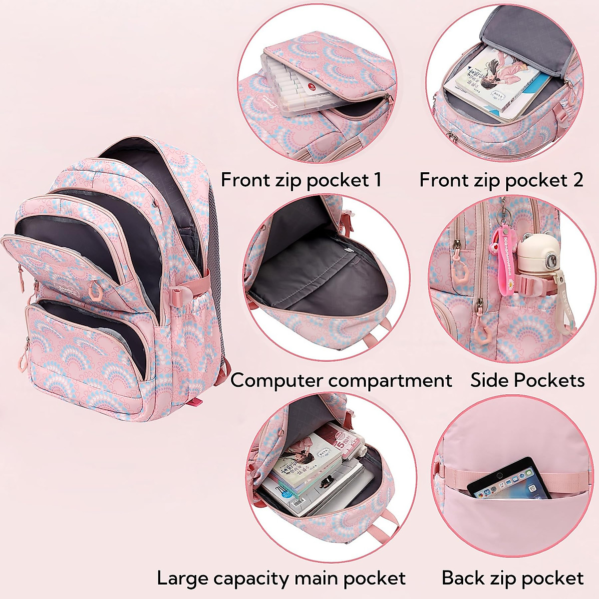Elementary School Backpack for Girls,Waterproof Student Bookbag with Lunch box and Pencil Case