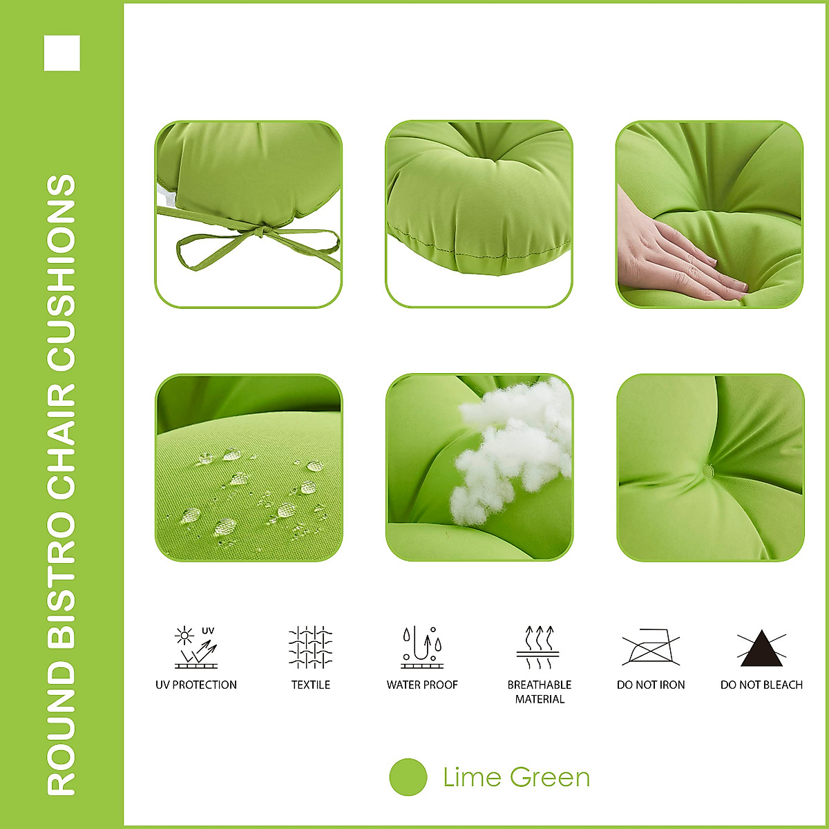 YOOZEKU Outdoor Round Bistro Chair Cushions,15 inch Round Seat Cushions with Ties for Outdoor Patio Chairs,Set of 2,Lime Green